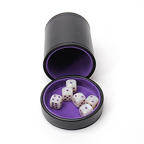 Luck Lab Leather Dice Cup with Lid Including 6 Matching White Pearl and Purple Dice - Purple Velvet Interior for Quiet Shaking - Use for Liars Dice Farkle Yahtzee Board Games, Black