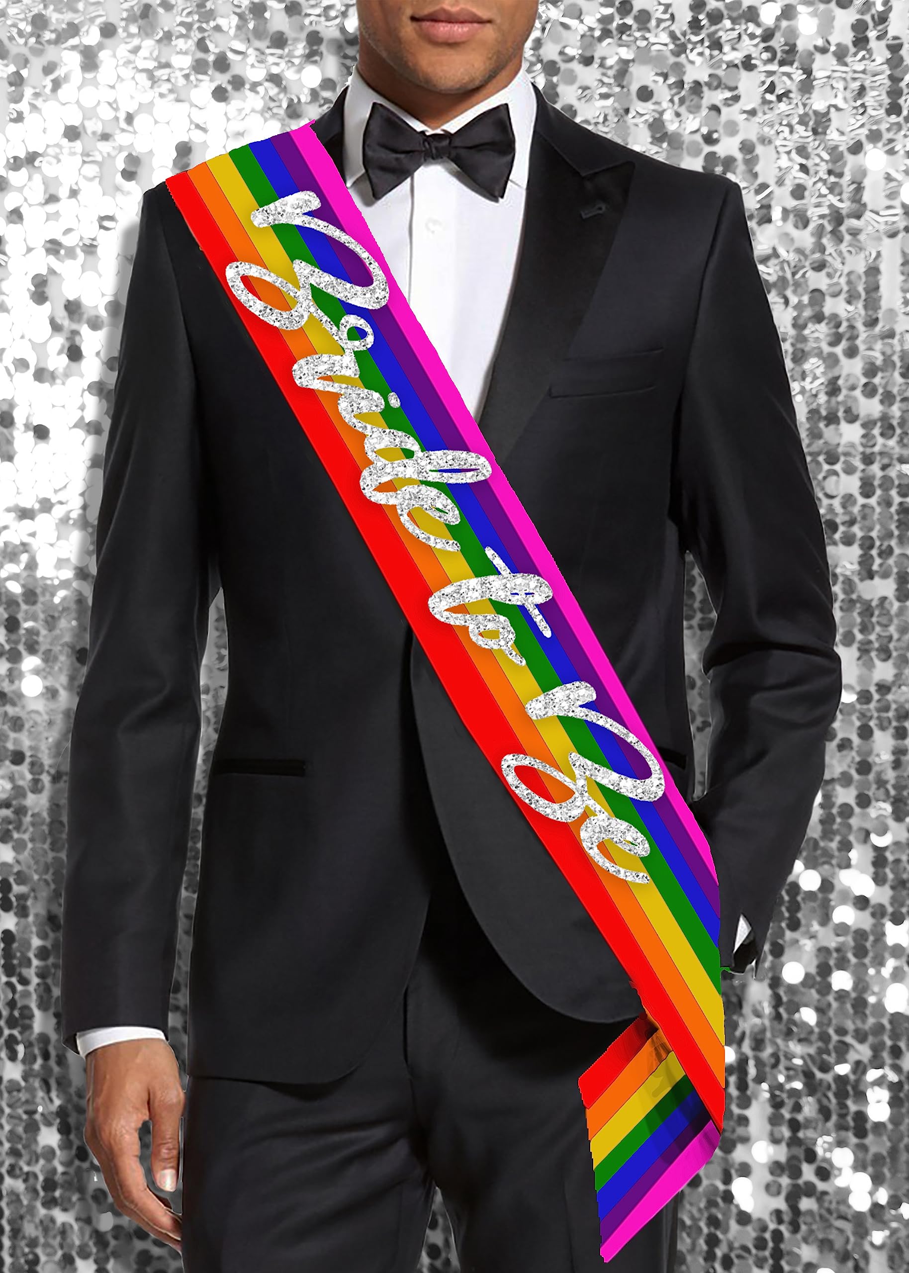 Gay Bachelorette Party Decorations - Set of 2: Silver Sparkle Glam Bride to Be Rainbow Satin Sashes - LGBTQ Couple Gifts - Set2(GlamB2B SLV) RBW