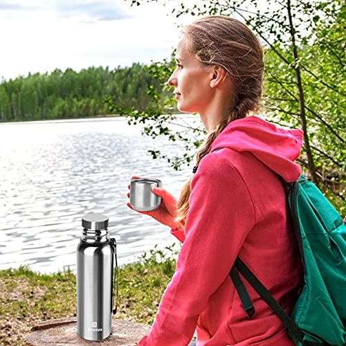 Insulated vacuum Thermo Bottle 1000ml/33oz with cup Stainless steel coffee bottles for hot and cold drink water flask.(Silver,1000ml)