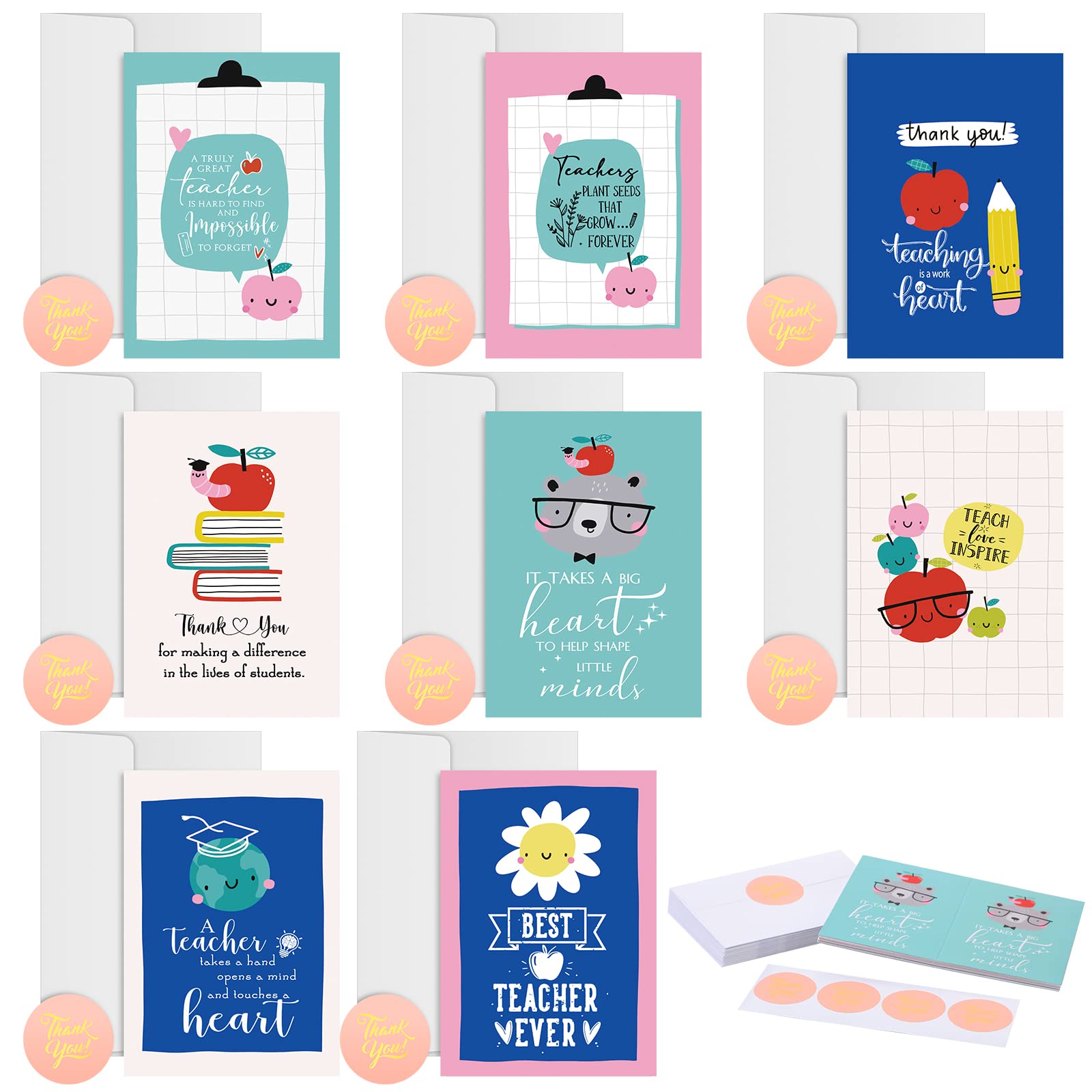 Teling 32 Sets Teacher Thank You Cards with Envelopes and Stickers Teacher Appreciation Gift Bulk Teachers Day Motivational Card Best Teacher Ever Card for Women Teachers Coworker