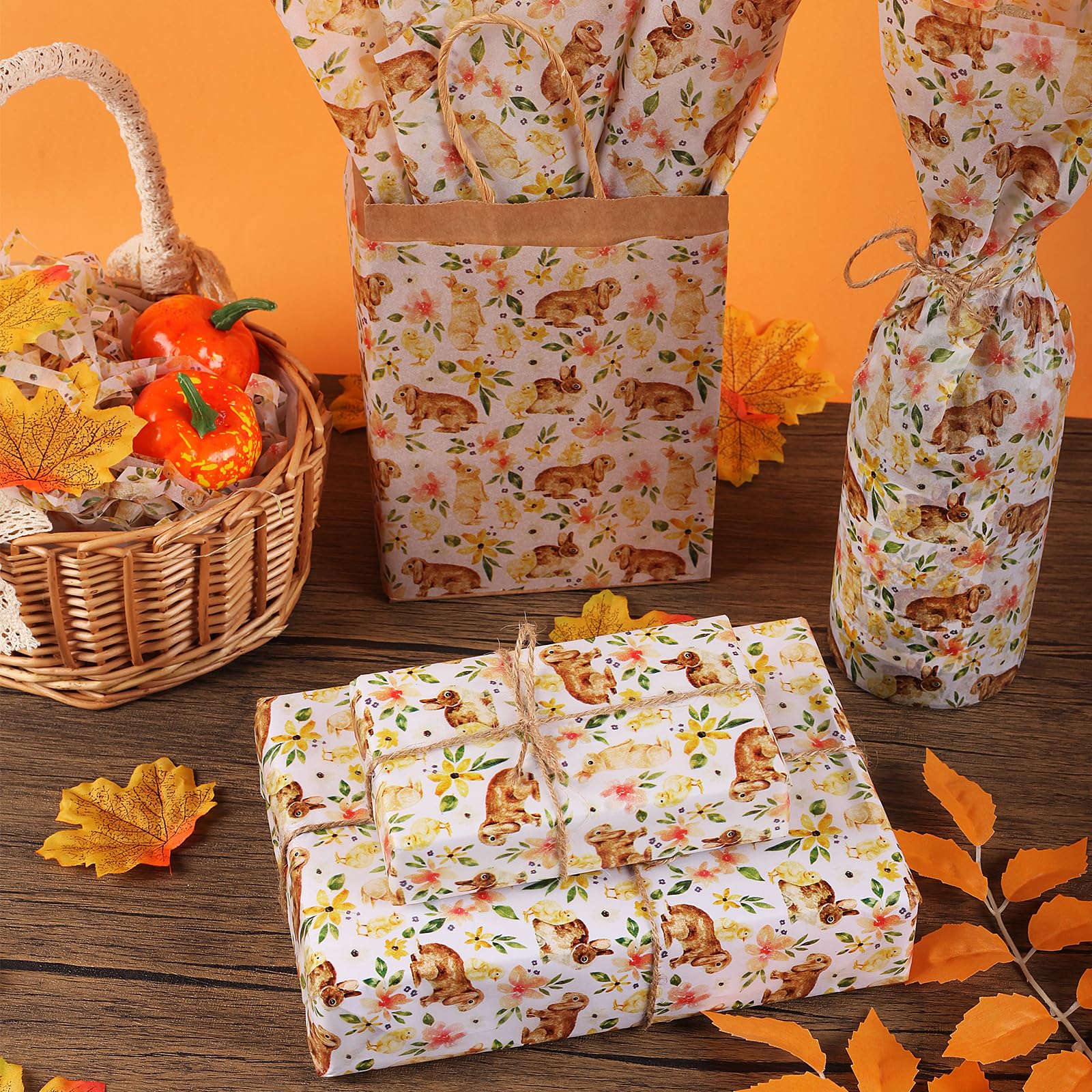 Bolsome 100 Sheets 20 * 14 Inches Easter Bunny Tissue Paper for Gift Bags Watercolor Floral Chicken Rabbit Patterned Gift Wrapping Tissue Paper for Baby Shower Birthday Easter DIY Craft