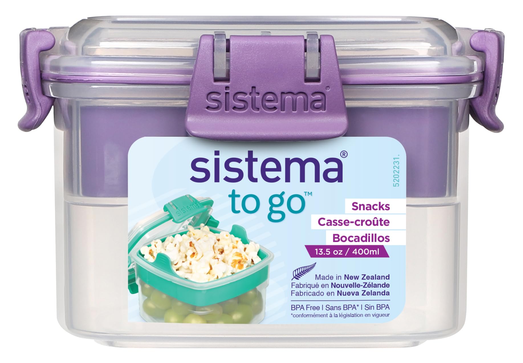 Sistema To Go Collection, 13.5 oz./0.4 L, Portable Snack Container with Separate Compartments, Flexible Seal & Easy-Lock Clips, BPA & Phthalate Free, Color May Vary