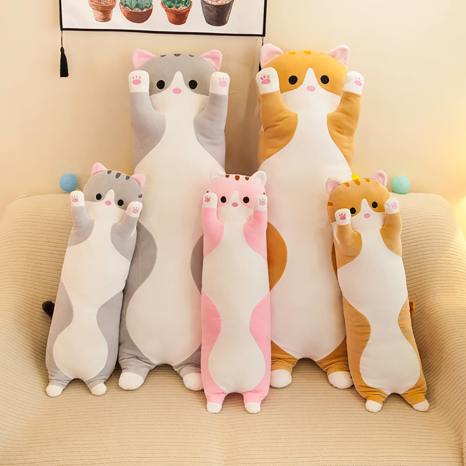 Handytoolinc Soft Cat Plush Pillow Long Stuffed Animals Sleeping Pillow Cotton Kitten Pillow Cute Long Body Pillow Gift for Kids Girlfriend (19.7inch/50cm,Pink)