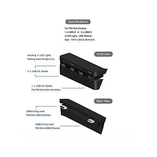 OSTENT Extend 4 USB Hub 2.0 & 3.0 Adapter for Sony PS4 Slim Console Video Games
