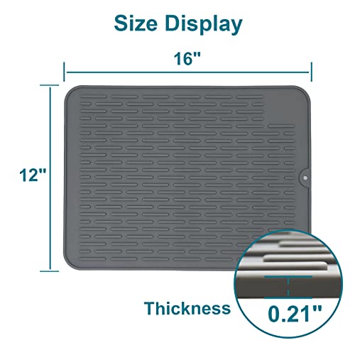 MENTBERY Dish Drying Mat, Silicone Dish Drying Mat for Kitchen Counter, Heat Resistant Non-slip Dish Mat Drying Kitchen Mat 16x12 Inch, Gray