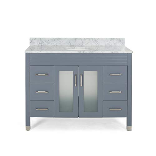 GDFStudio Contemporary 48" Wood Single Sink Bathroom Vanity with Marble Counter Top, Gray with Carrara White Marble