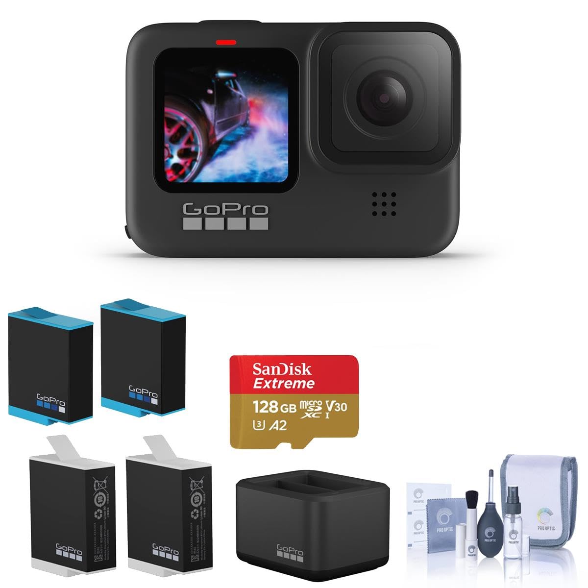 LUIBOR GoPro HERO9 Black, Waterproof Sport and Action Camera, 5K/4K Video, Power Bundle with Dual Charger, 3 Extra Battery, 128GB microSD Card, Cleaning Kit
