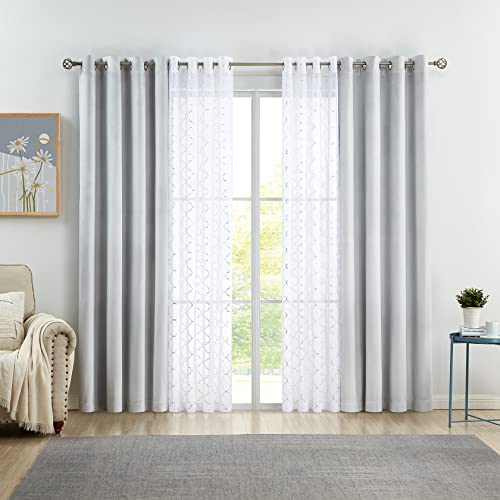 Enactex 4 Piece Curtains Set Mix and Match Geometric Silver Print Sheer & Velvet Room Darkening Blackout Drapes, 52''x 95'' Grommet Window Treatment for Bedroom Living Room, Greyish White