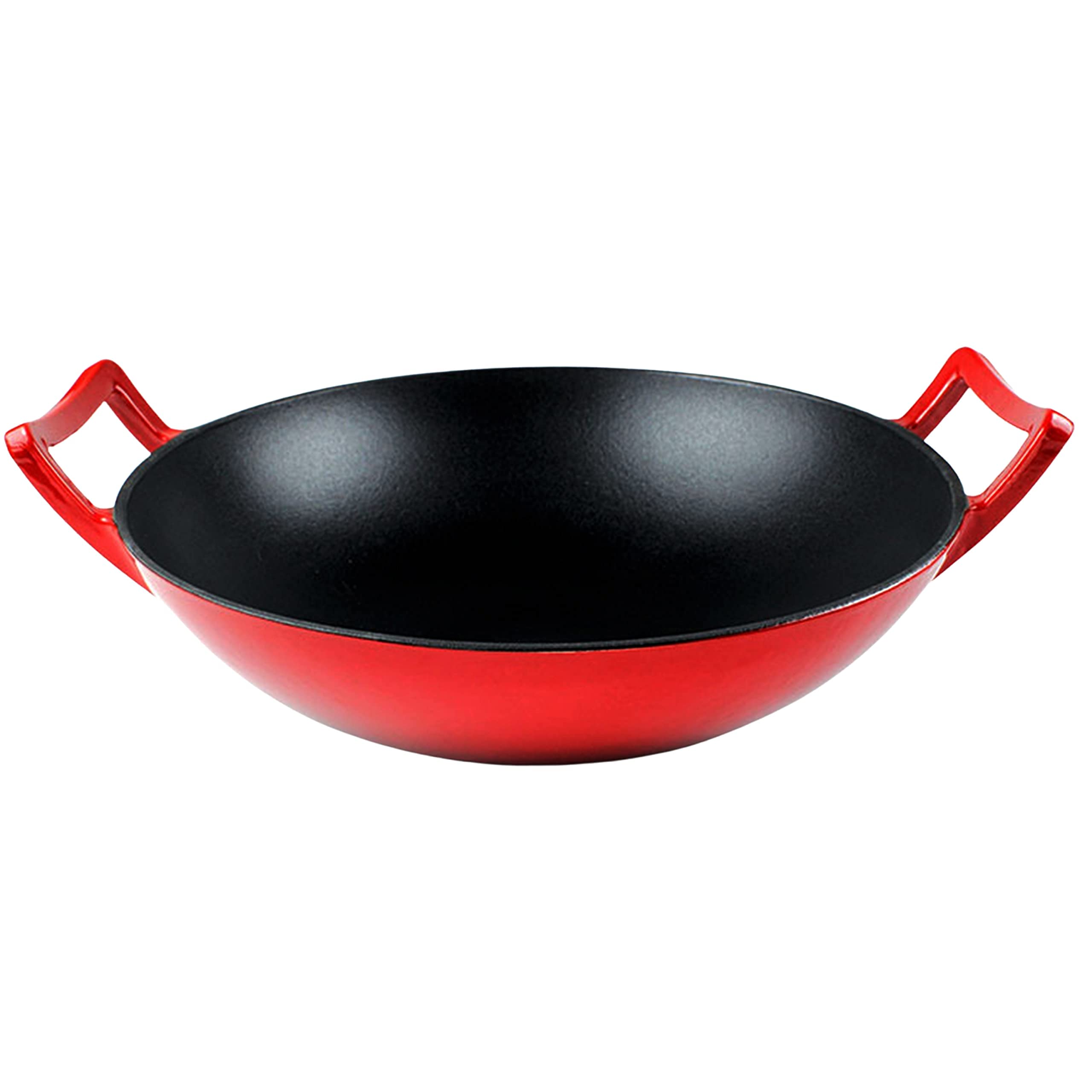 Bruntmor 14 Inch Enameled Cast Iron Wok/Pot. 14" Nonstick Enamel Skillet Pan With Large Loop Handles & Flat Base. Cookingware For Kitchen/Indoor/Outdoor Camping. (Red)
