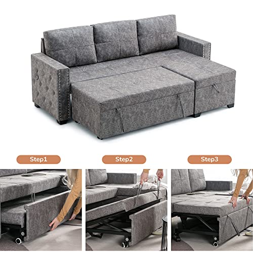 Merax 84" Pull-Out Sleeper Sofa Bed with USB Port,L-Shaped Storage Corner Sofa Bed with Storage Chaise Lounge, 3-Seater Upholstered Sofa Couch with Nail Head Trim