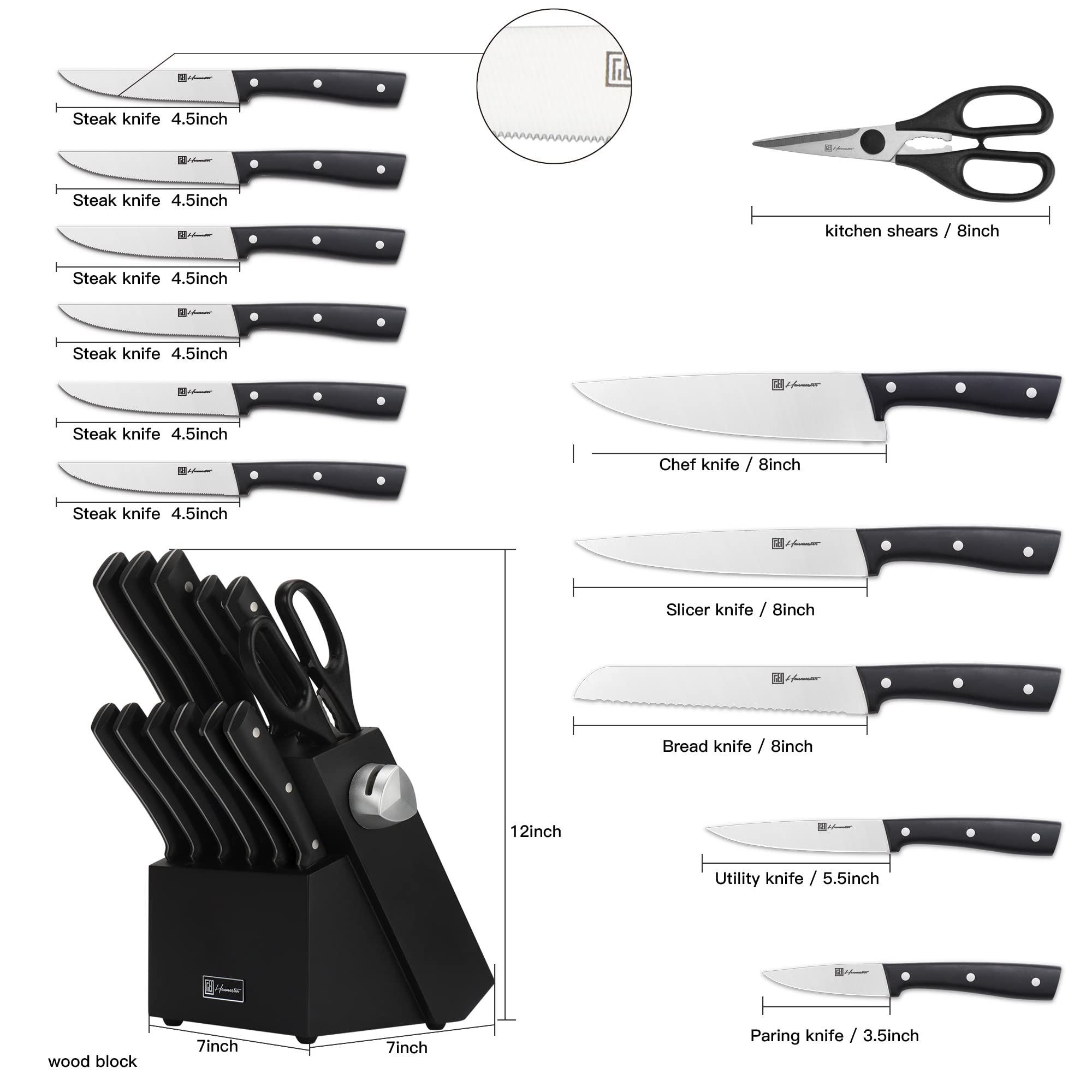 Hanmaster Knife Set, 13 Pieces Stainless Steel Knife Sets for Kitchen with Block, Kitchen Scissors, Sharp Kitchen Knife for Home and Restaurants, Box Packed,Elegant Black.