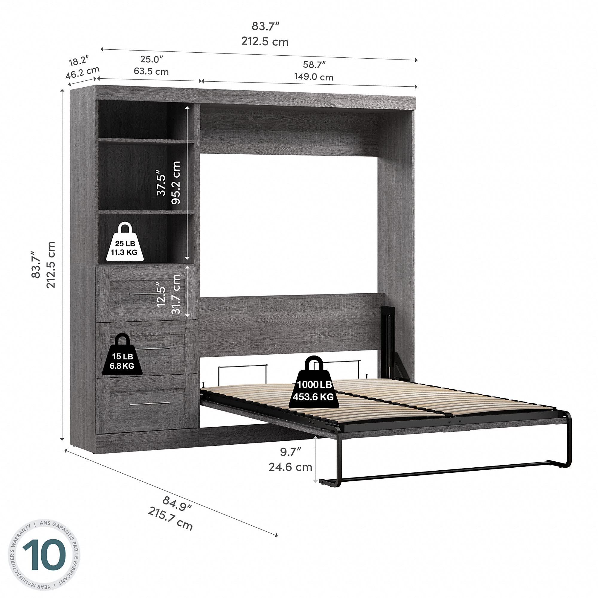 BESTAR Pur Murphy Unit with Drawers, Space-Saving Wall Bed with Storage, Queen, Platinum Gray