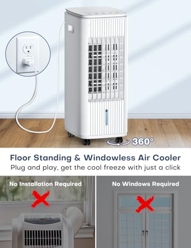 Evaporative Air Cooler, BALKO 3-IN-1 Windowless Swamp Cooler w/ 0.8 Gal Detachable Water Tank, 7H Timer & Remote, 4 Ice Pack, 70° Oscillation, Ductless Air Conditioner Portable for Room Indoor Office