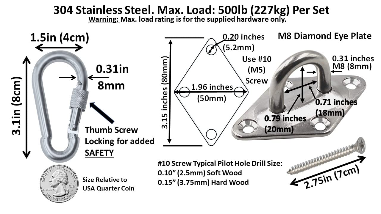 Branded Boards Heavy Duty Black or Silver 1000lb Load Hammock Hanging Kits with Locking Carabiner Snap Hooks, for Trees, Ceilings, Walls, Porches, Posts (Diamond-Plate-Hammock-Kit-Silver)