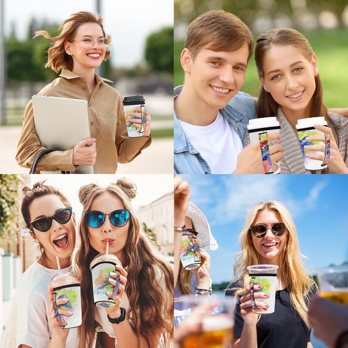Colorful Sea Turtle Animals Reusable Iced Coffee Sleeves Neoprene Sleeve Cup Cover with Handle for Cold Drinks Beverages Drink Sleeve Holder 30-32oz