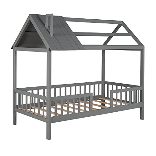 Merax House Bed Frames for Boys and Girls,Wood Twin Bed Frame House-Shaped Bed Platform Bed Frame with Roof Windows and Full-Length Safety Rails, Twin Size