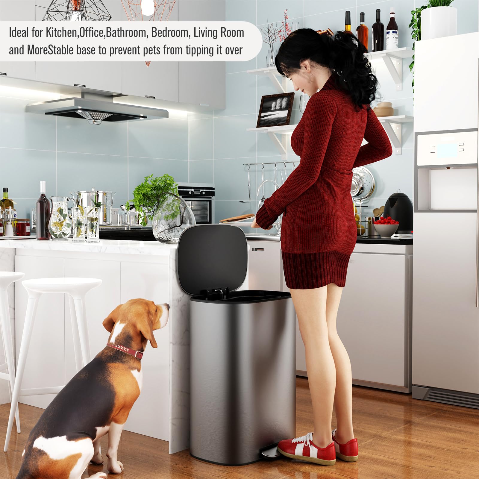 Ufurpie 13 Gallon Trash Can Metal Foot Pedal Stainless Steel Kitchen Trash Can with Lid Quiet Soft Close, Large Garbage Can with 30 Garbage Bags for Office, Living Room, Bathroom, Home & Commercial