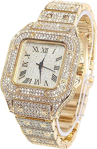 Halukakah Men's Diamond Watch - The King - 18K Gold Plated, 40MM Square Dial, Iced Out Wristband, Lab Diamonds Handset, Comes in Giftbox