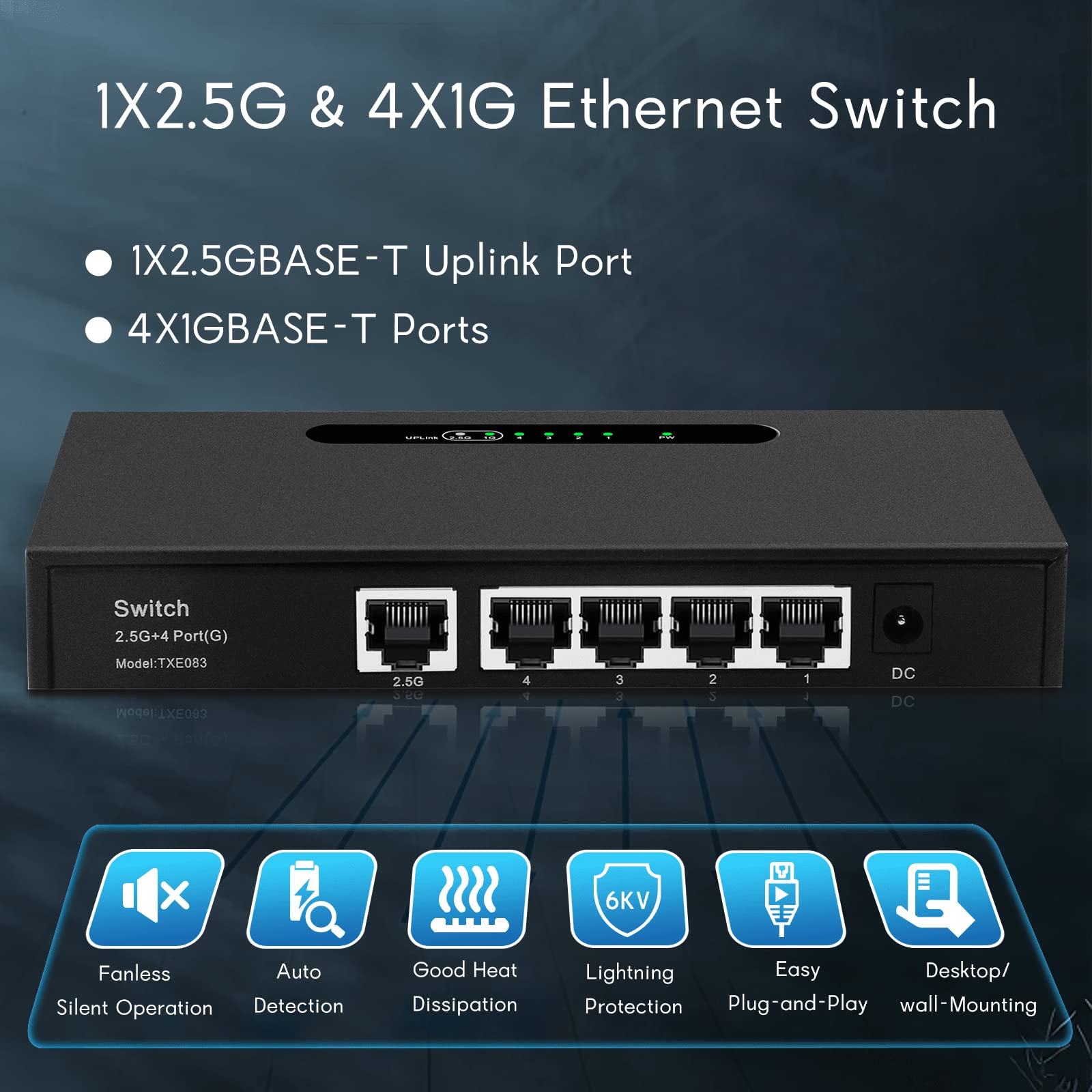 Cqenpr 2.5G Uplink Ethernet Switch,1×2.5G Uplink Port, 4×10/100/1000Mbps Ethernet Port, Multi-Gigabit Unmanaged PoE+ Switch, Plug & Play, Fan-Less Metal Design, Desktop/Wall-Mount.