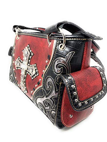 Premium Rhinestone Cross Cut Out Western Embroidered Womens Concealed Carry Handbag With Matching Wallet in 5 colors (Red)