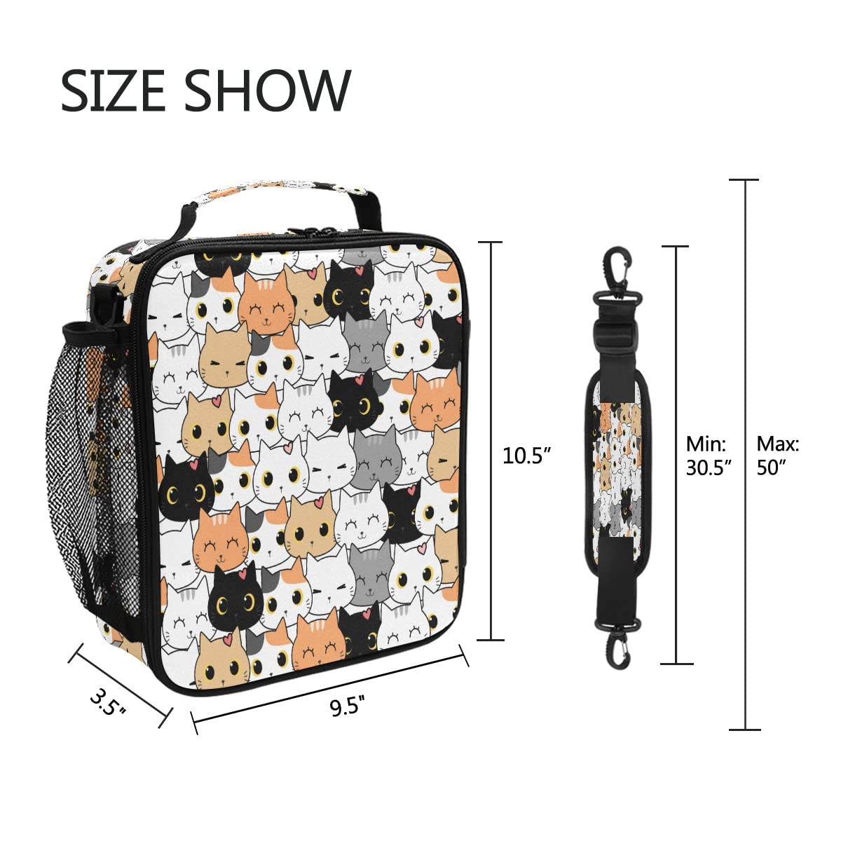 Cute Cats Kitten Pattern Lunch Bag Box Insulated Cooler Lunch Tote Bag Meal Organizer with Shoulder Strap for Women Girls Boys School