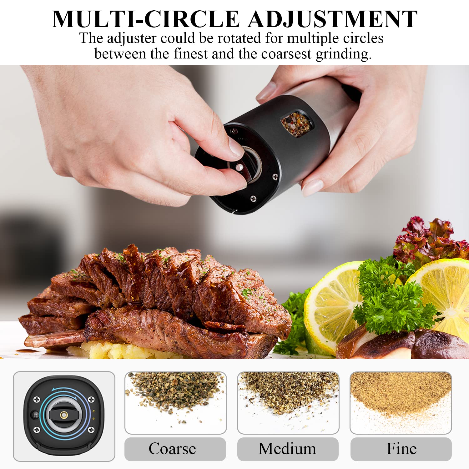 Electric Salt and Pepper Grinder Set, Automatic Pepper Mill with LED Light, Adjustable Coarseness, Battery Powered, One Hand Operated Refillable for Kitchen Resturant BBQ, Stainless Steel Black,2 Pack