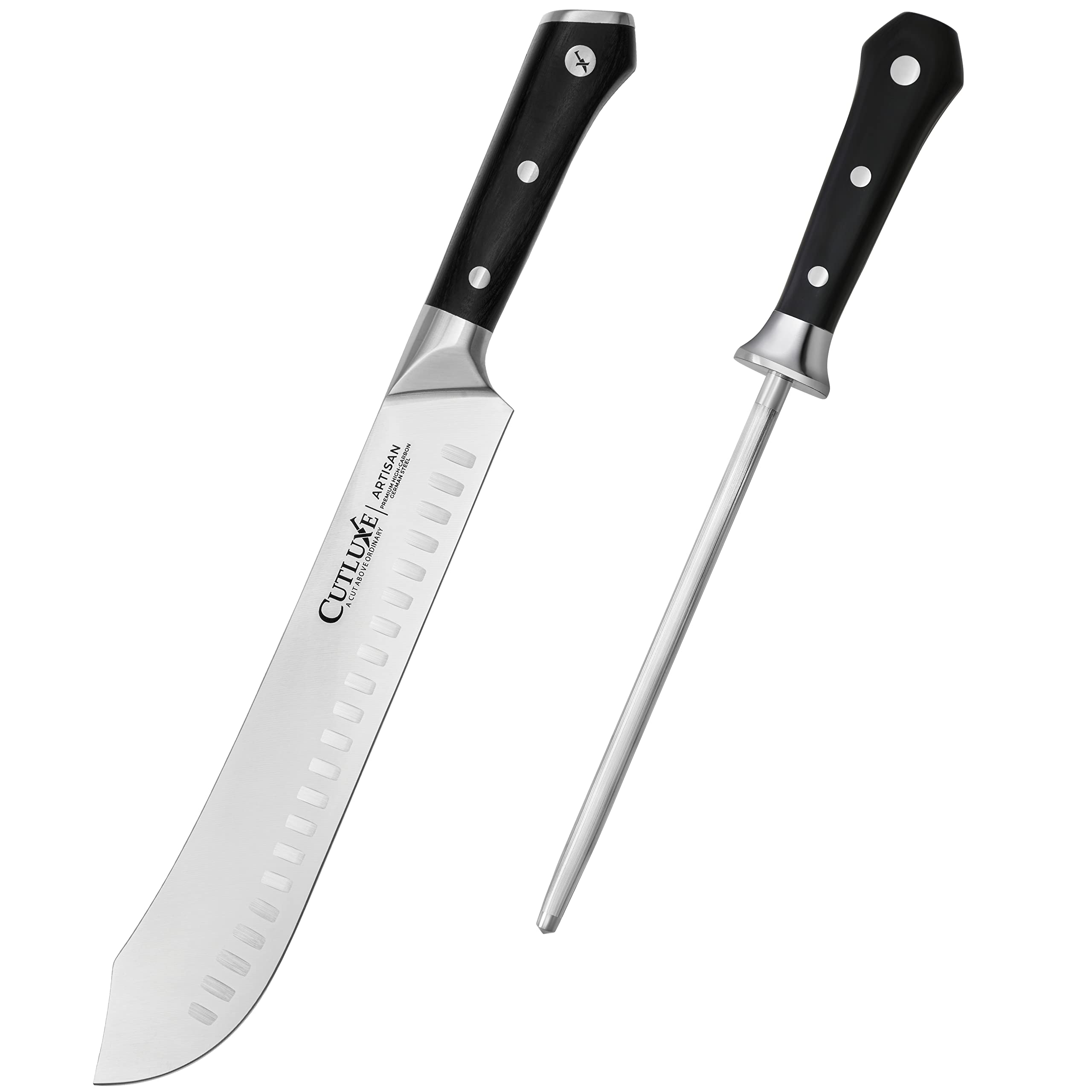 Cutluxe Bullnose Breaking Knife & Sharpening Rod– Forged High Carbon German Steel – Full Tang & Razor Sharp – Ergonomic Handle Design – Artisan Series