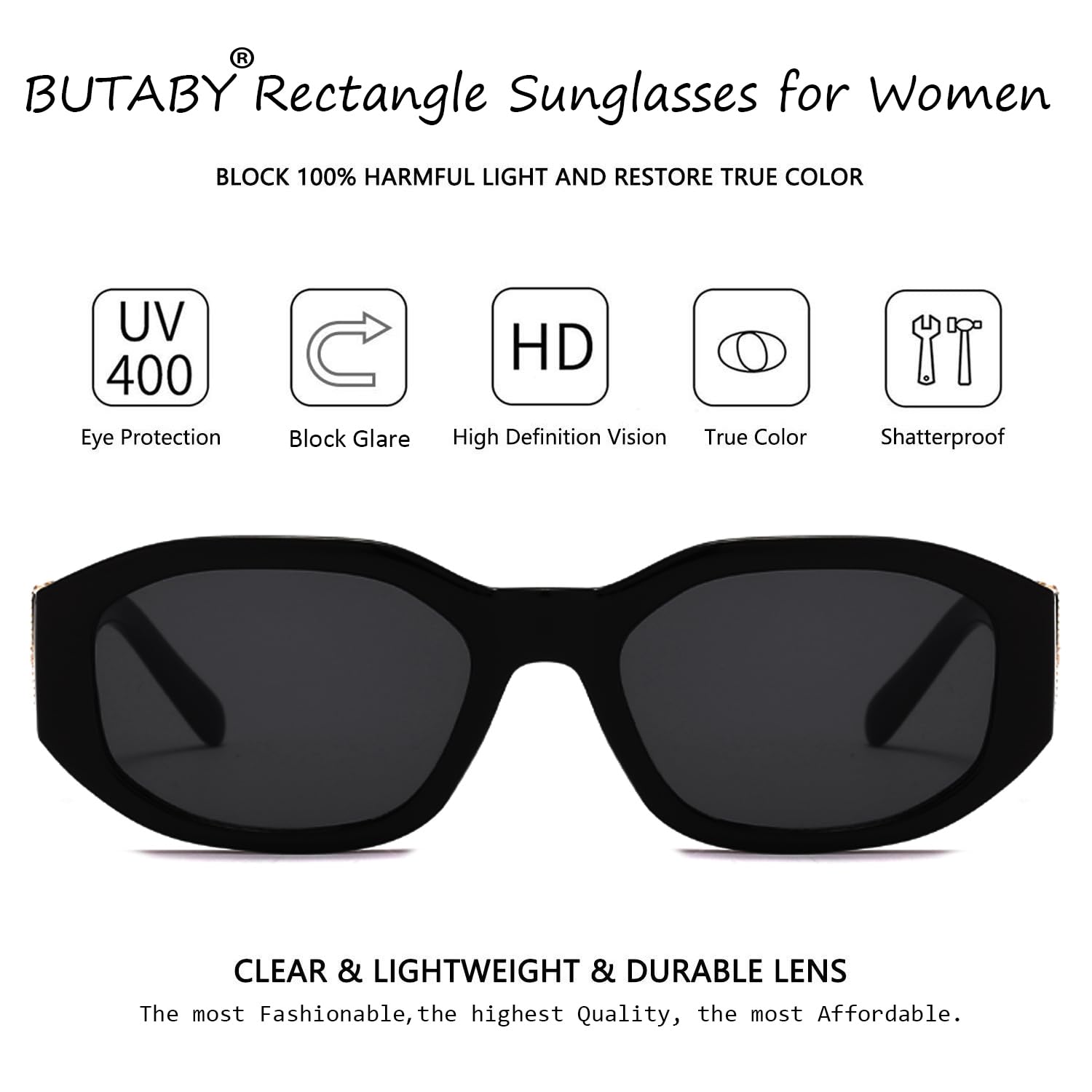 BUTABY Rectangle Sunglasses for Women Retro Driving Glasses 90’s Vintage Fashion Irregular Frame UV400 Protection Black & White