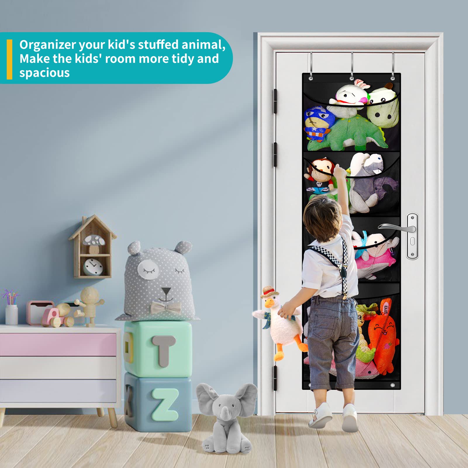bmhlinyi Over Door Stuffed Animal Storage, Stuff Animals Organizer and Toy Plush Storage,With 4 Large Breathable Storage Pockets, Hanging Door Organizer for Nursery, Bedroom, Bathroom, Kids Room