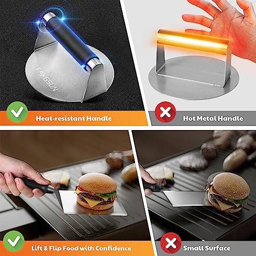FANGSUN Smashed Burger Press Kit, Stainless Steel Burger Smasher & Grill Spatula for Outdoor Cooking, 5.8β Hamburger Press & 5" BBQ Spatula, Griddle Accessories Kit for Flat Griddle, Grilling Gift