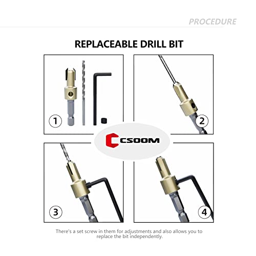 CSOOM Pro Countersink Drill Bit Set 12 PC Countersink Drill Bits #4, 6, 8, 9,10, 12, (Two Cutting diameters) Counter Sinker Set Wood High Speed Steel, Woodworking Carpentry Reamer