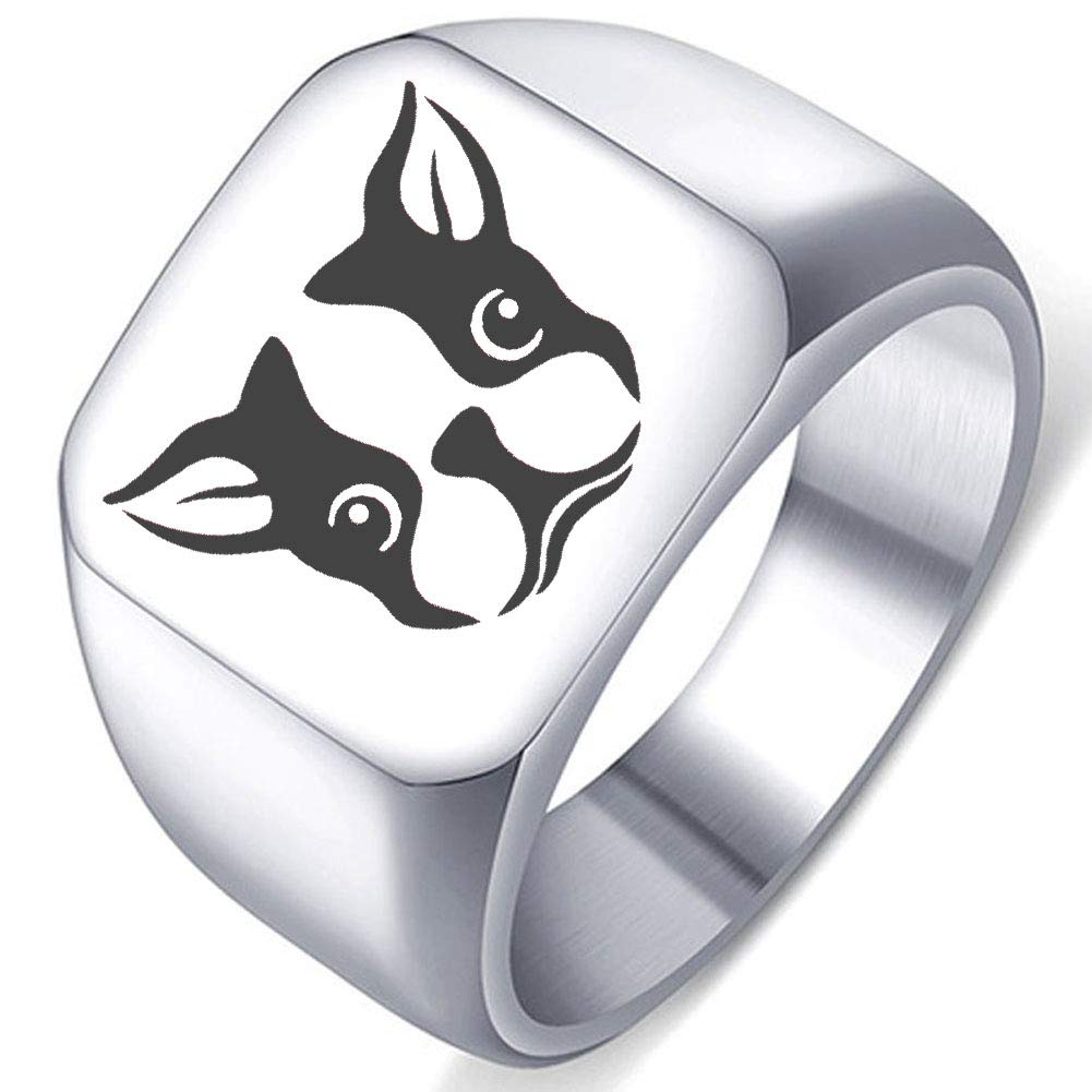 Boston Terrier Dog Polished Engraved Womens Stainless Steel Ring