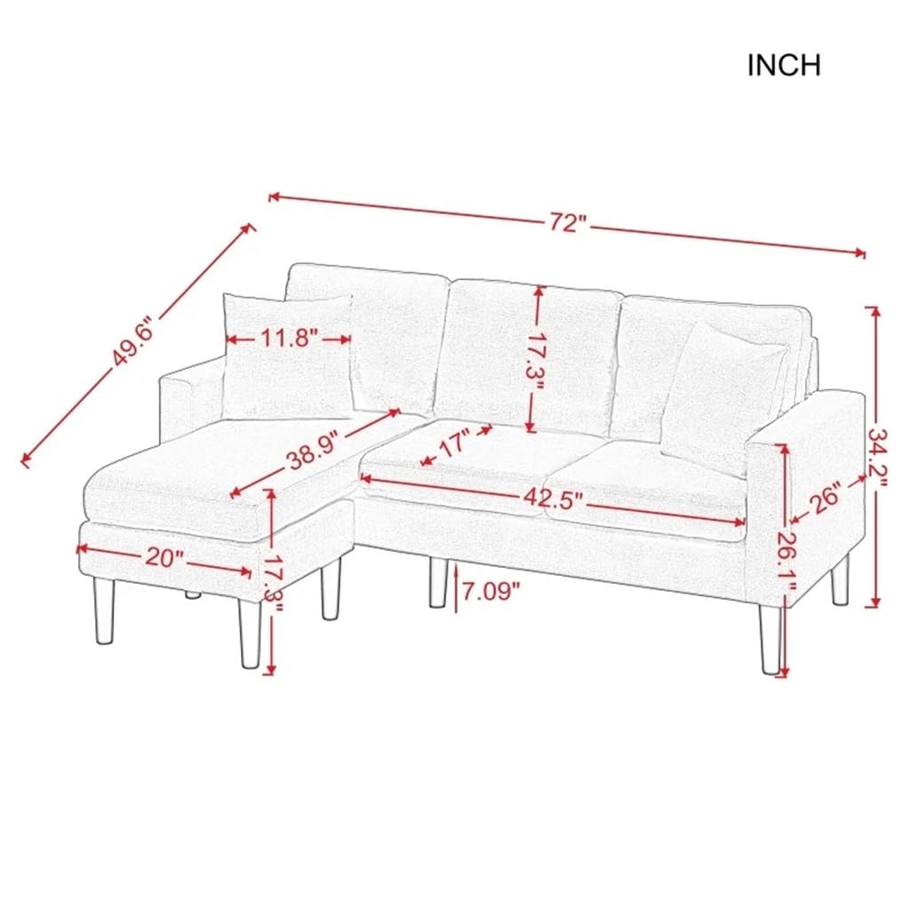 FANCUF 72" Sectional Sofa Left Hand Facing with 2 Pillows Suitable for Liveing Room Dark Grey Fabric