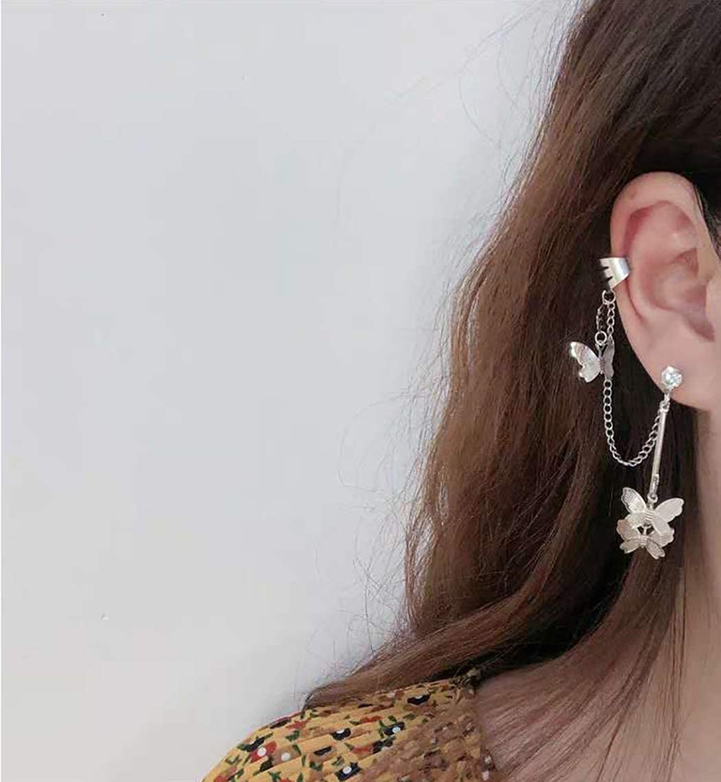 Butterfly Cuff Chain Earrings Silver Tassel Crawler Earring Wrap Earrings Crystal Drop Earring Set Jewelry Gift for Women