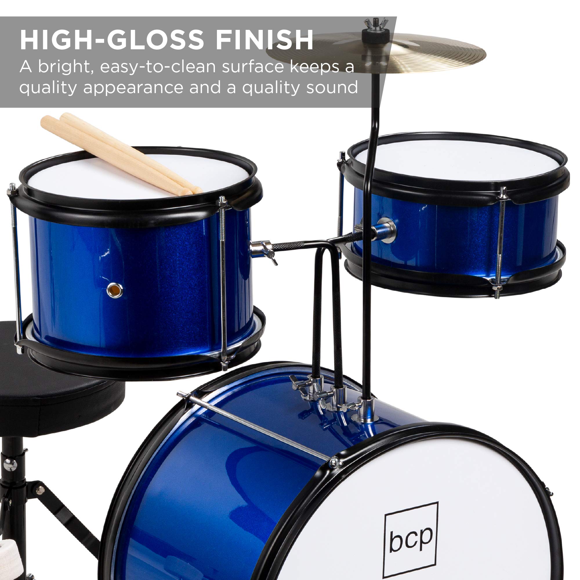Best Choice Products Kids Drum Set 3-Piece Beginner Drum Set Junior Drum Set, w/ Throne Stool, Cymbal, Drum Sticks, Bass Drum Pedal, 2 Toms - Blue