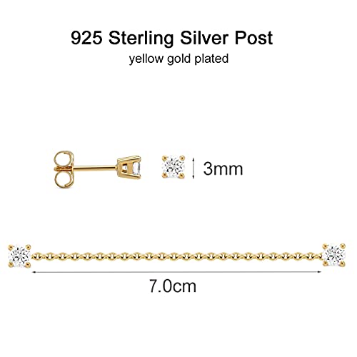 BRAYEG Gold Chain Earrings Double Piercing 3mm Cubic Zirconia 7cm Long Chain Double Stud Earrings Hypoallergenic Jewelry Gift for Women