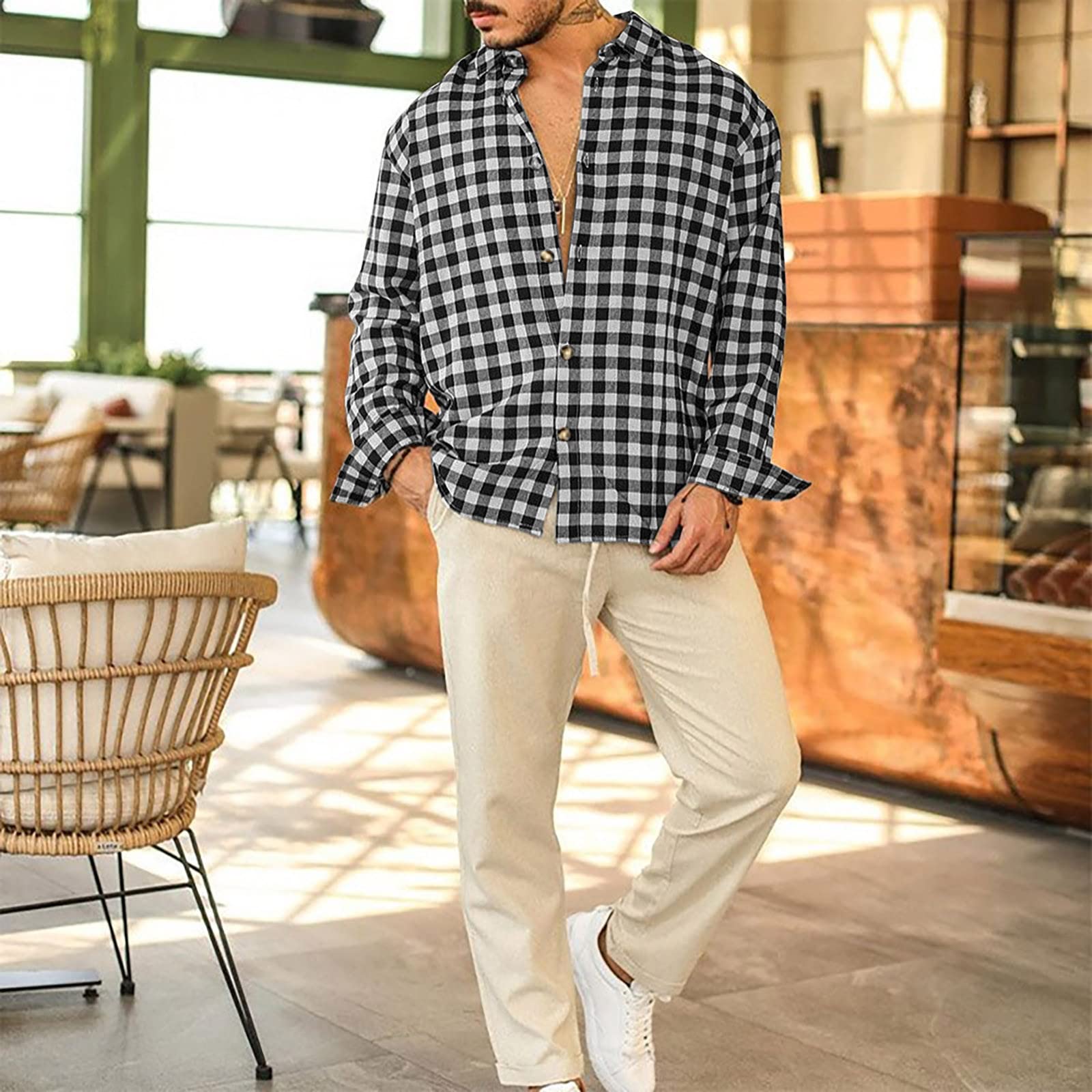 Button Up Shirt Men,Flannel Brushed Plaid Button Down Long Sleeve Coat Wool Plaid Shirt Coats Shirt Autumn and Winter