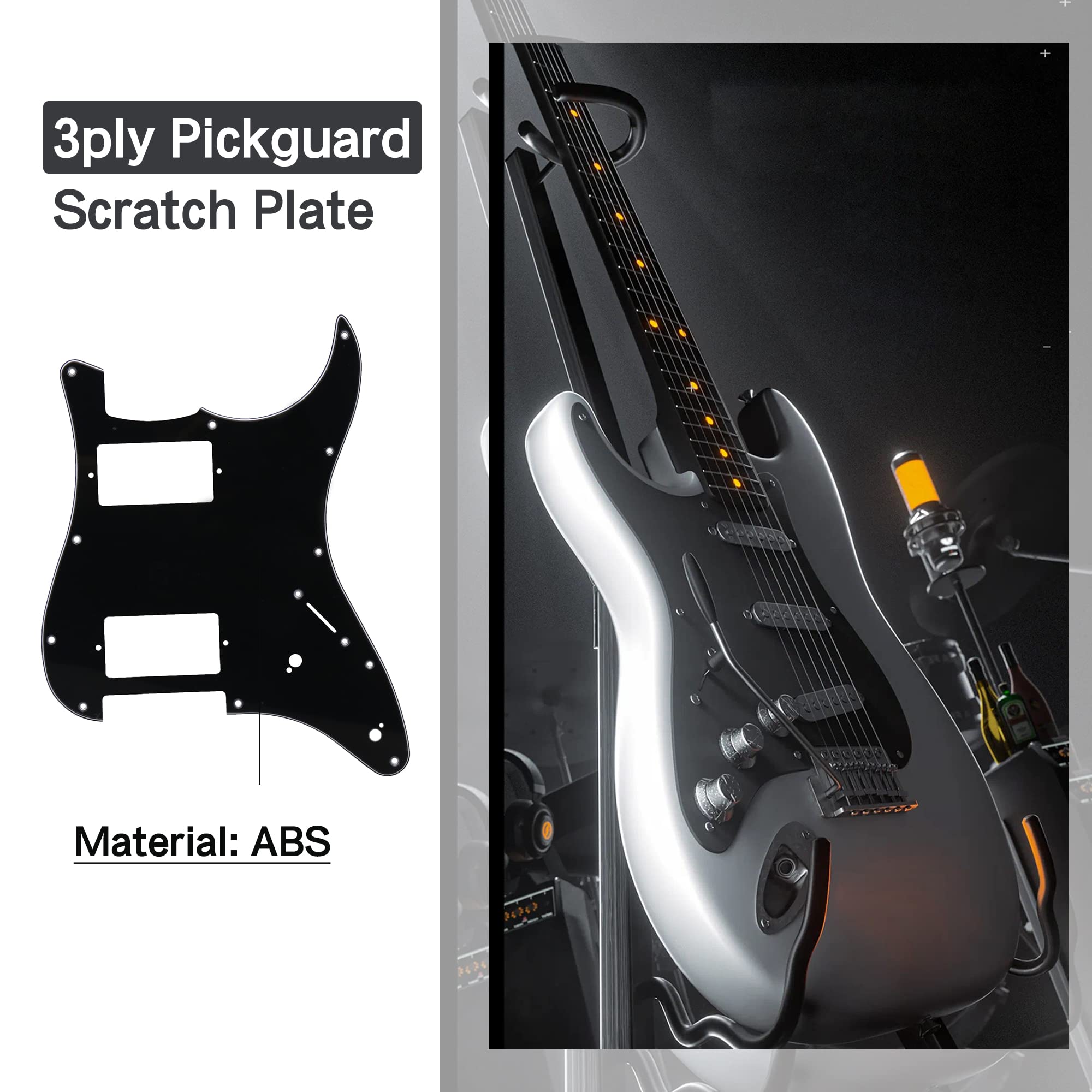 Bstinay 11 Hole Guitar Strat Pickguard HH Humbucker Standard Modern Style Pickguard Scratchplate 3Ply Black