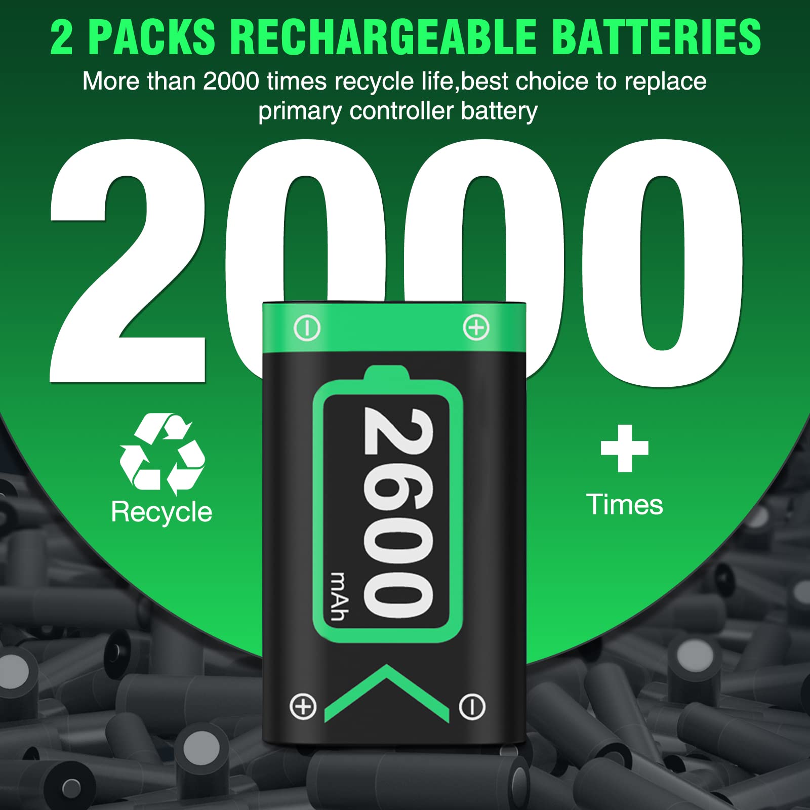Charger with Xbox One Controller Battery Pack, 2x2600 mAh Rechargeable Battery Pack for Xbox Series X|S/Xbox One/Xbox One S/X/Elite Controllers, Charger Station for Xbox One Rechargeable Battery Pack