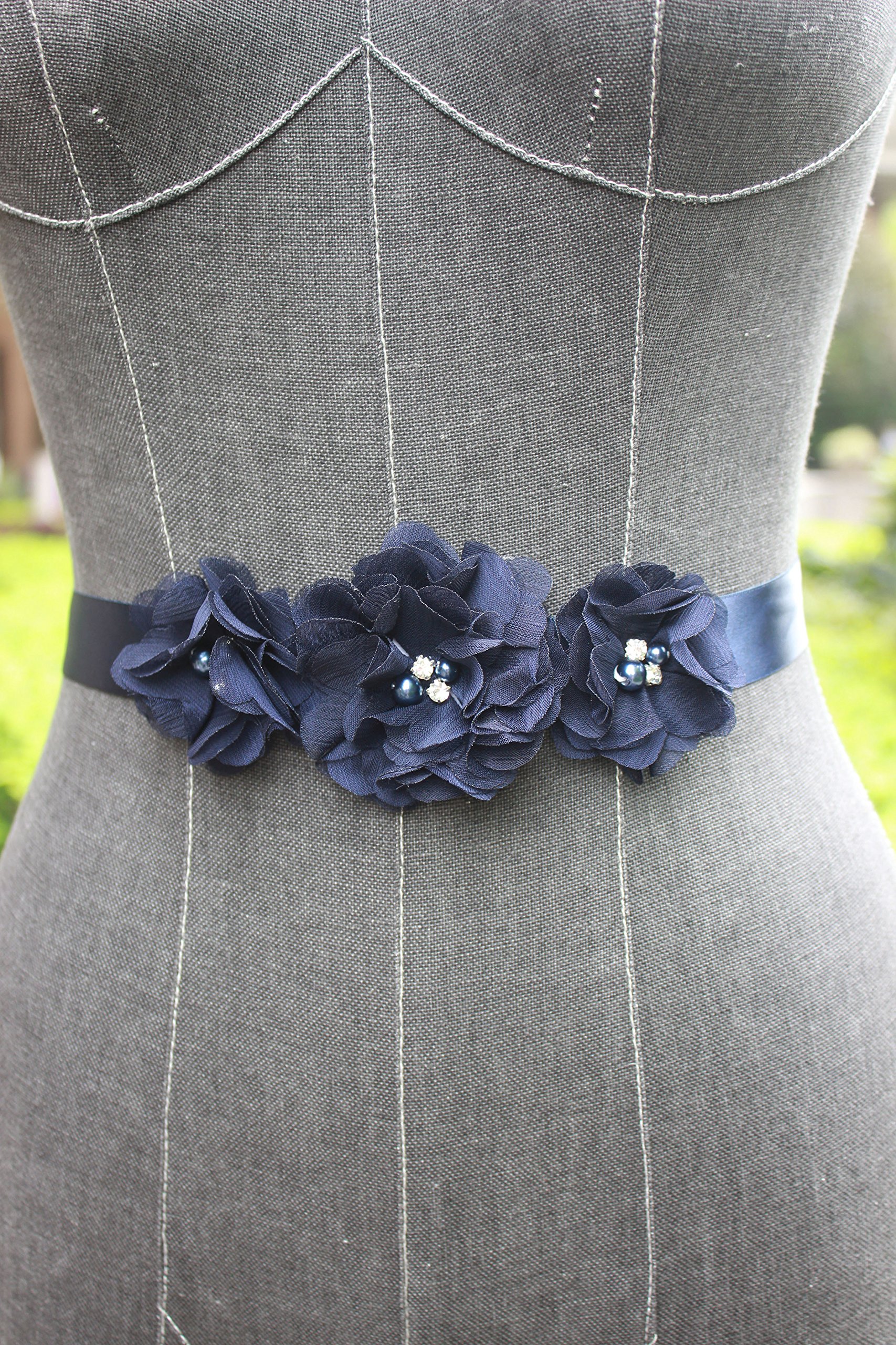 Nania Bridesmaid and Flowergirls sashes wedding sash pearls flowers belts (Dark navy)