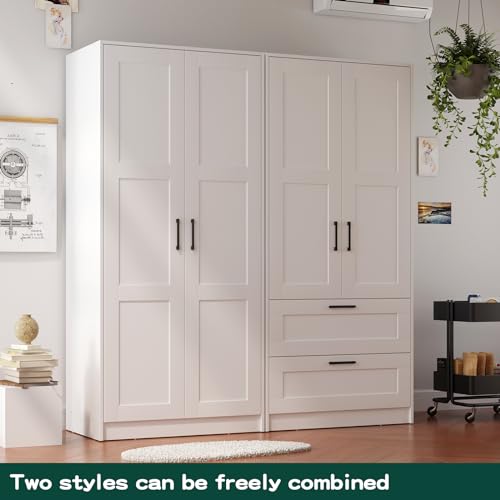 Fddevelop Wood White Wardrobe Closet with 2 Doors and Drawers,Bedroom Freestanding Armoire Storage Cabinet with Shelves,Wooden Wardrobe Combination for Hanging Clothes (White 2 Drawers)