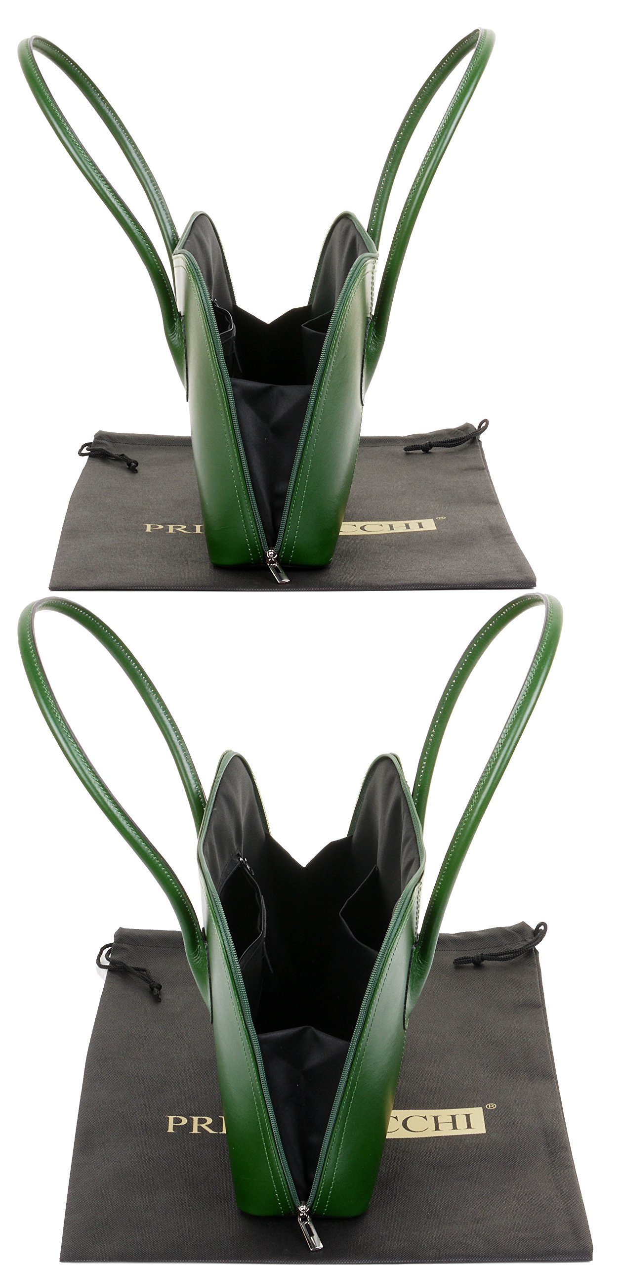 PRIMO SACCHI Italian Smooth Leather Green Classic Long Handled Handbag Tote Grab Bag Shoulder Bag