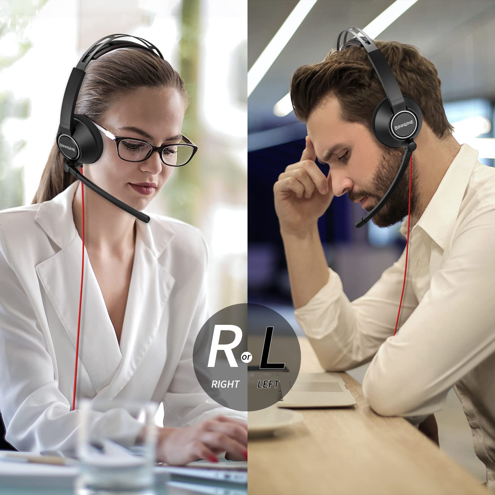 BINNUNE USB Headset with Microphone for Computer Laptop Zoom Conference Call Center, PC Office Wired Stereo Headphones Noise Cancelling Boom Mic