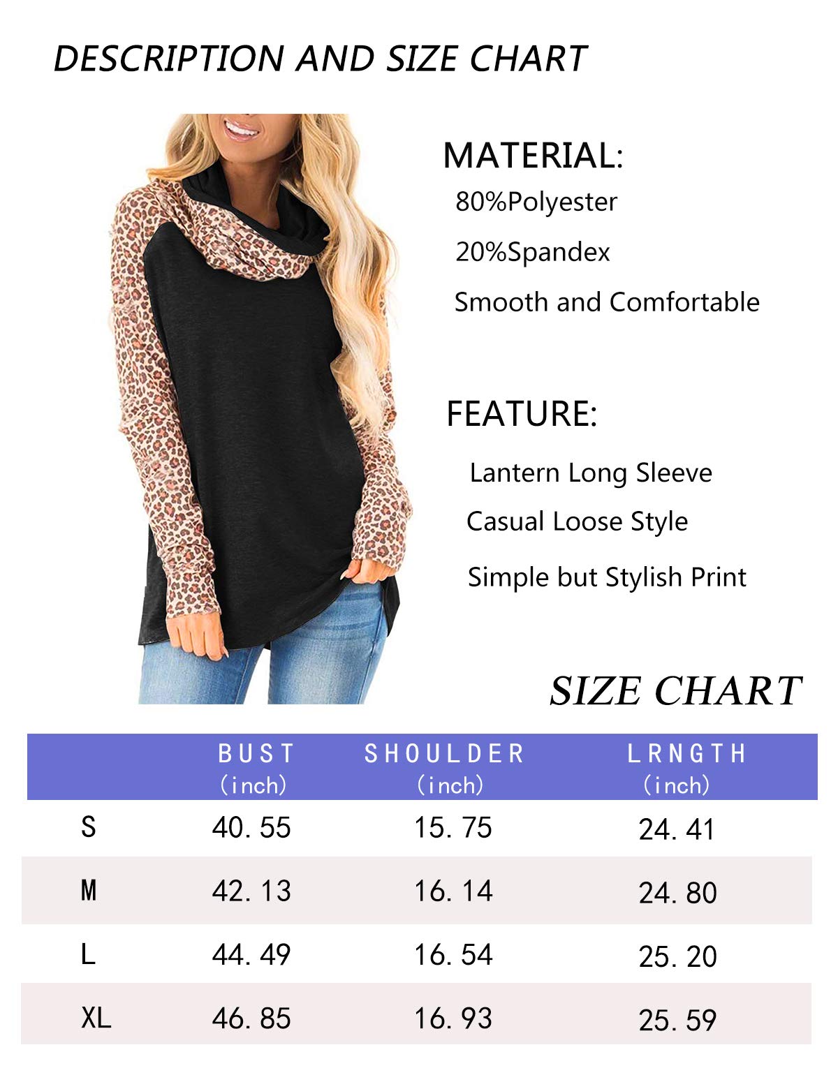 Blivener Women's Casual Sweatshirts Long Sleeve Leopard Print Tops Cowl Neck Raglan Shirts (Black, XL)