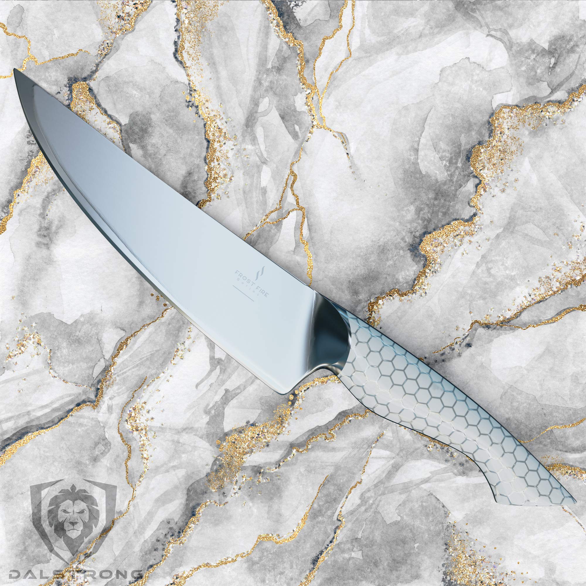 DALSTRONG Chef Knife - 8 inch - Frost Fire Series - High-Chromium 10CR15MOV Stainless Steel - Sand Blasted Frosted Finish Kitchen Knife - White Honeycomb Handle - Sheath - Chef's Knife - NSF Certified