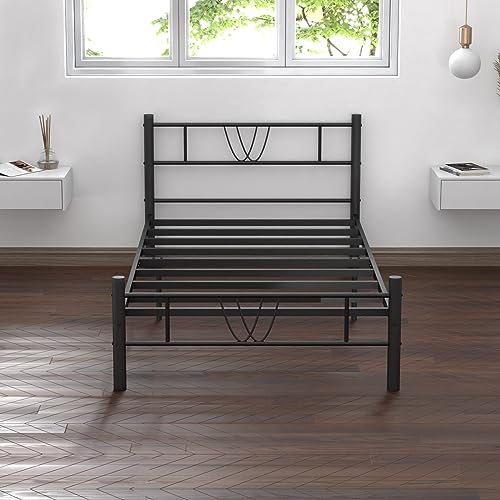 Fangflower Twin Size Bed Frame Platform Metal with Headboard/Underbed Storage/Steel Slats, Heavy-Duty Mattress Foundation for Bedroom, No Box Spring Needed, Black