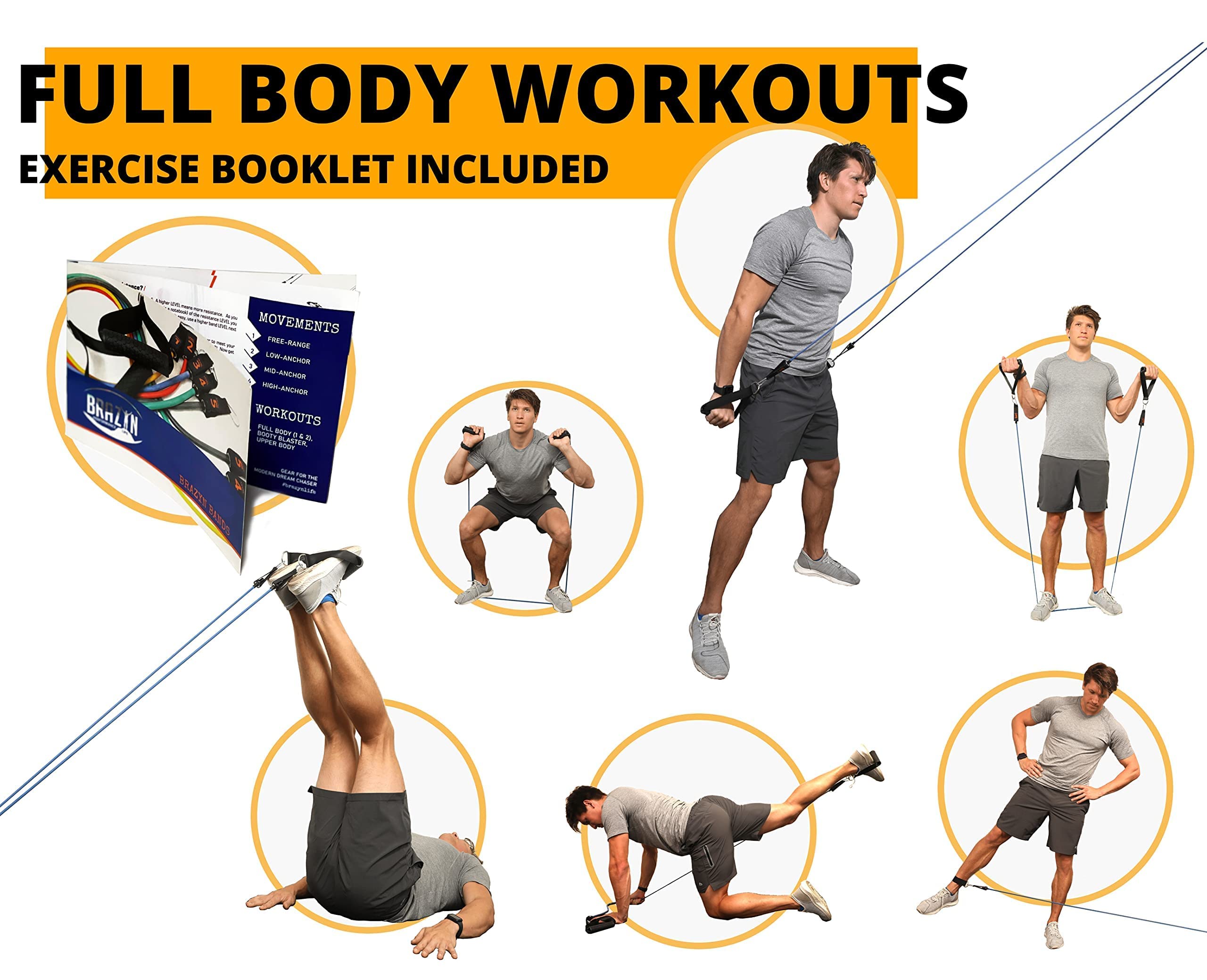 Brazyn Bundle - Resistance Bands Kit (with Handles) and Mobility Stretching Strap (Navy) for Home Workouts, Strength Training, Stretching, Yoga, Physical Therapy, Pilates, Dance and Gymnastics