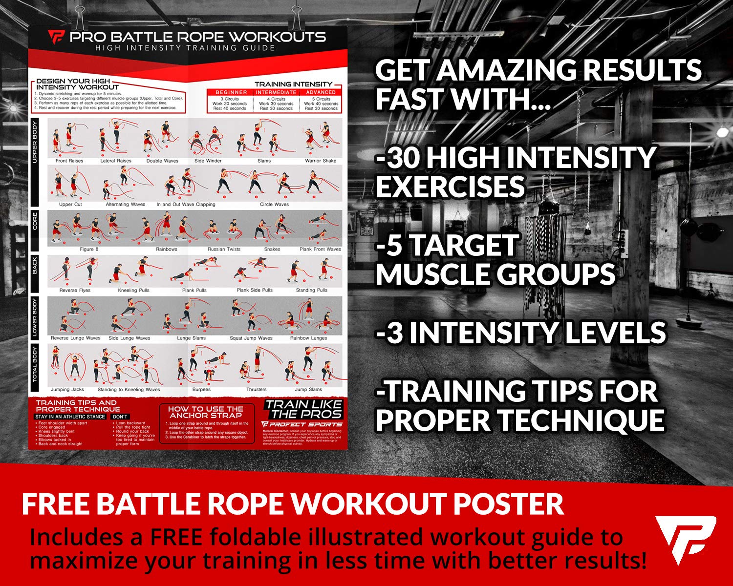 Pro Battle Ropes with Anchor Strap Kit and Exercise Poster – Upgraded Durable Protective Sleeve – 100% Poly Dacron Heavy Battle Rope for Strength Training, Cardio Fitness, CrossFit Rope (1.5” x 30 ft)