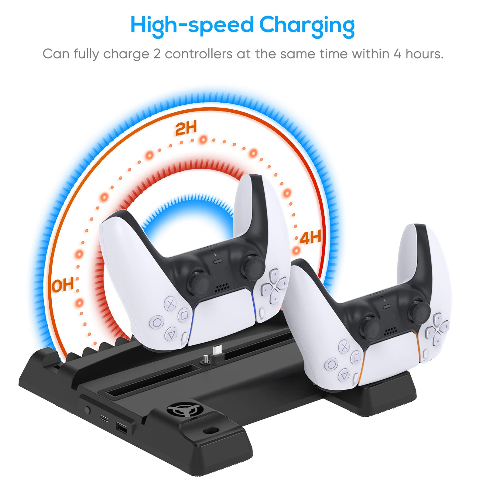 Charging Stand with Cooling Fans for PS5 Disc/Digital Edition Console, Dual Controllers Charger, Built-in 11 Game Rack Organizer