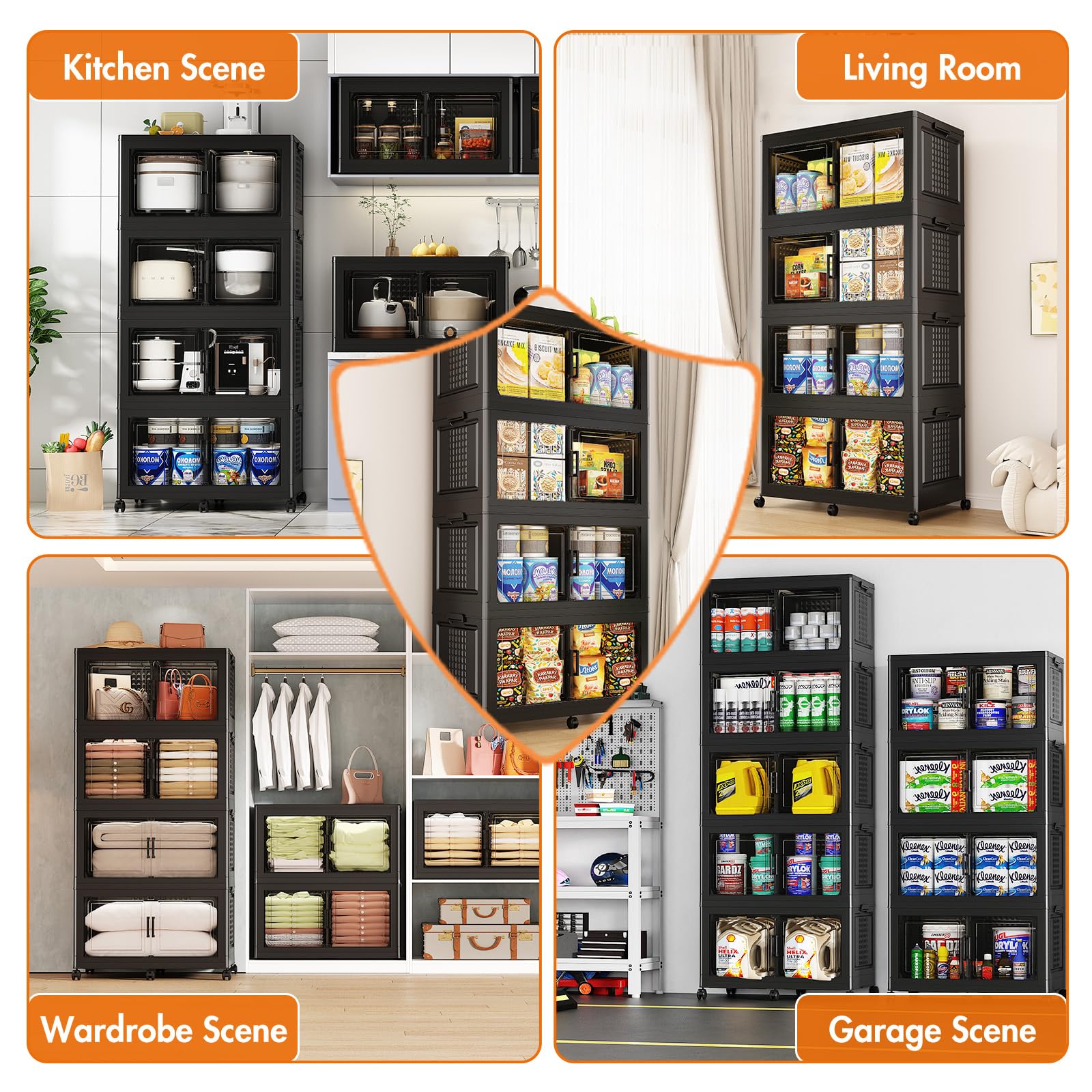Fangtueh 200GAL Storage Bins with Lid and Wheels, Stackable Closet Organizers and Storage Drawer, Collapsible Storage Box with Dividers, Foldable Plastic Cabinets Cubes Totes for Garage, 5 Pack Black